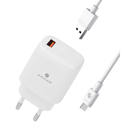 מטען קיר מירהקייס לסמארטפונים לבן טעינה מהירה עד 18W הגנה מפני מתח יתר כולל כבל Micro USB 1.2 ...